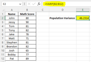 Calculate Population Variance in Excel