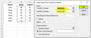 Conduct Paired Samples t-test in Excel